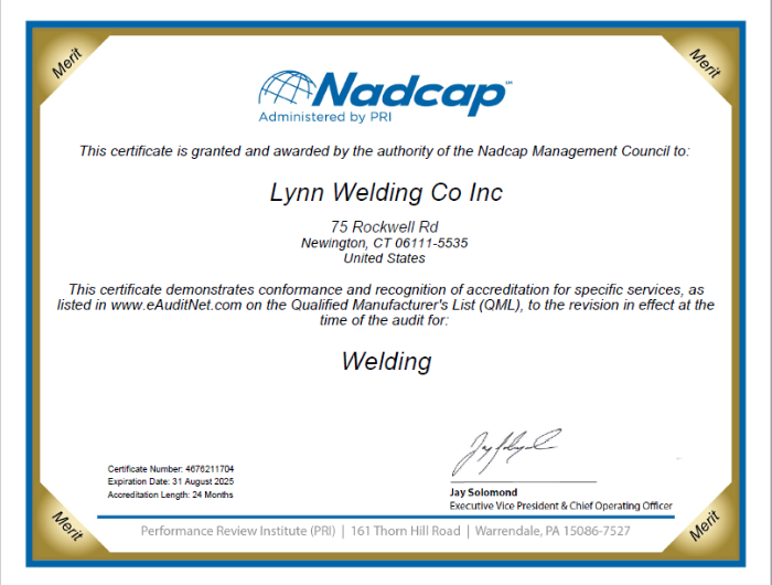 Nadcap Approved Welding - Lynn Welding Certifications